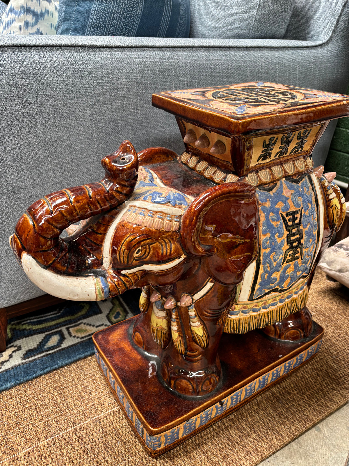 Vintage Brown and Blue Ceramic Elephant Side Table– Isla Design