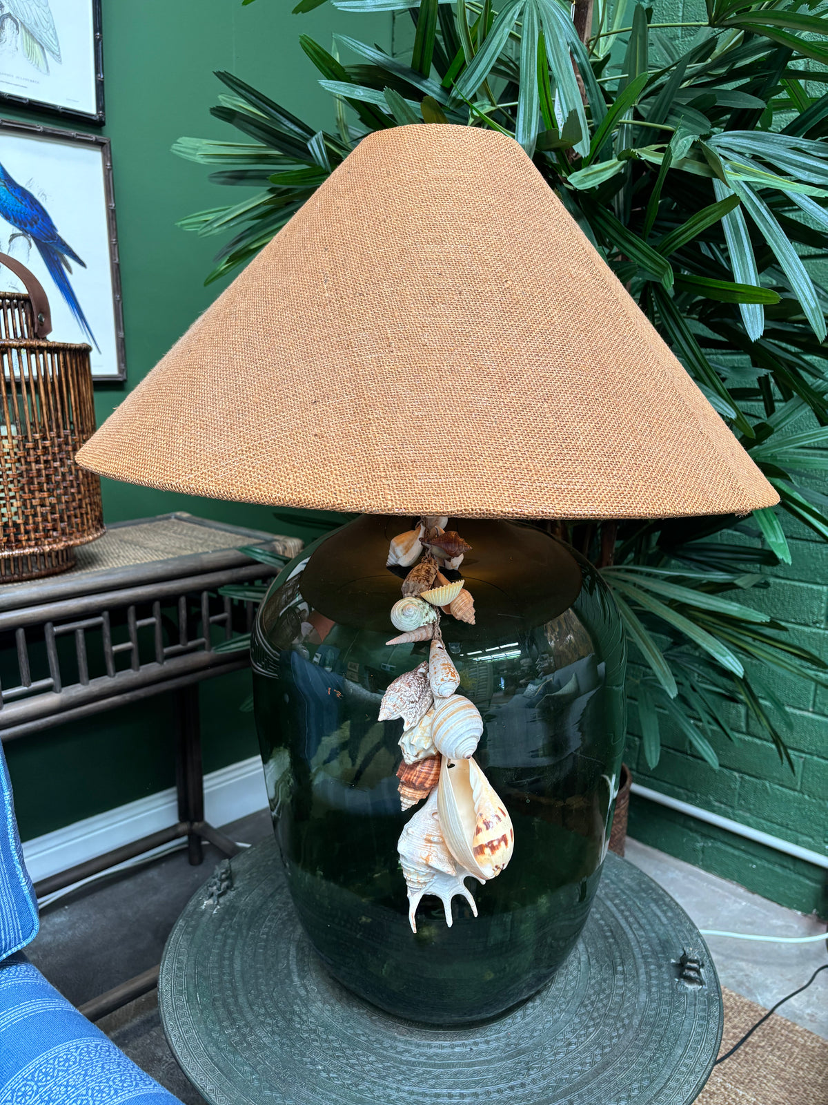 Stuart Membery Substantial Green Glass Lamp Base and Shade with Shells ...