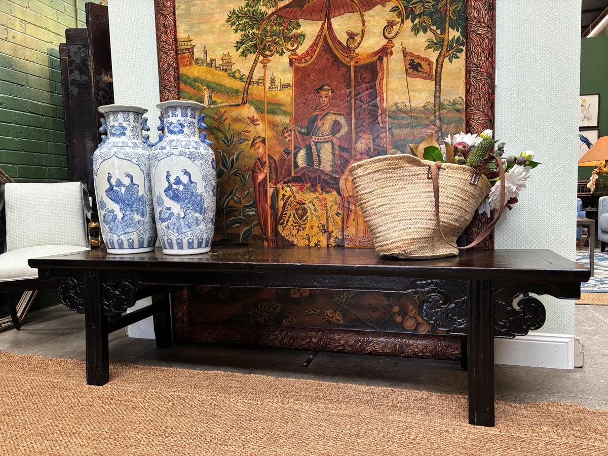 Vintage Chinese Dark Brown Lacquered Scroll Bench– Isla Design